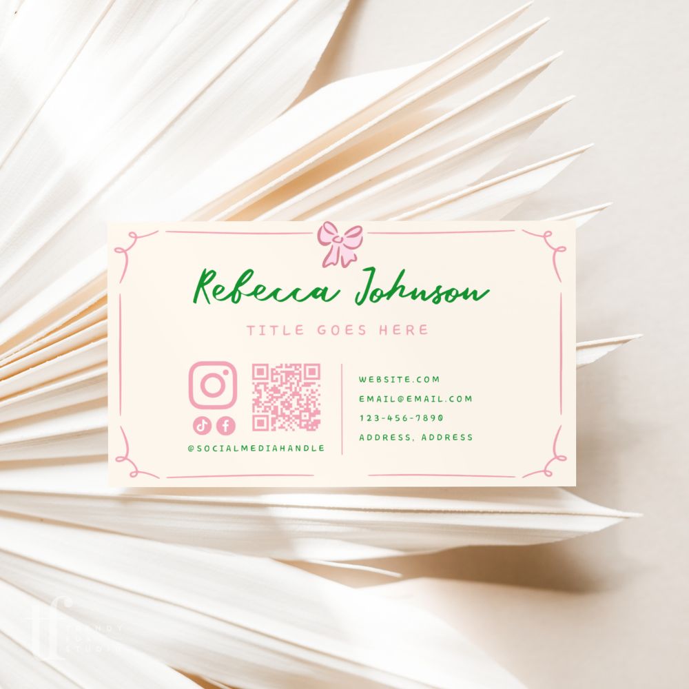 Coquette Bows Wavy Border Business Card with QR Code Canva Template ...