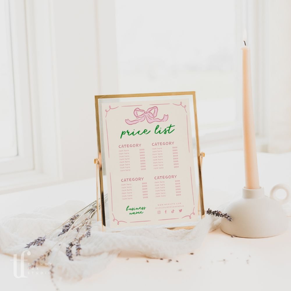 Price List Menu Canva Template | Girly Coquette | Daphne - Trendy Fox ...