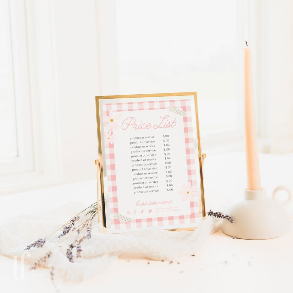 Price List Menu Canva Template | Pastel Preppy Gingham | Carla - Trendy Fox Studio