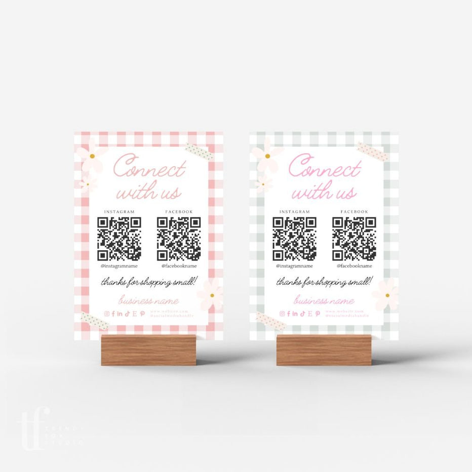 Connect With Us QR Code Social Media Sign Canva Template | Pastel Preppy Gingham | Carla ...