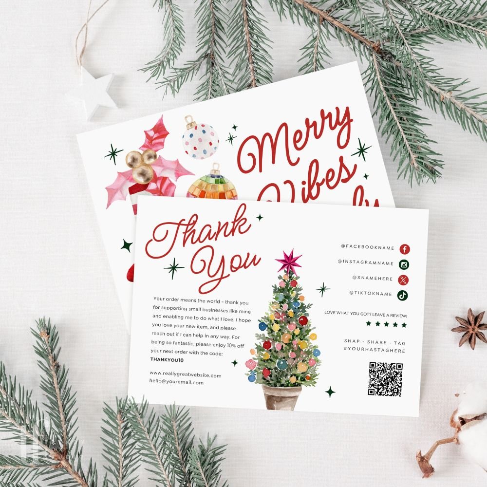 Cute Kitschy Vintage Ornament Christmas Business Thank You Card Canva ...
