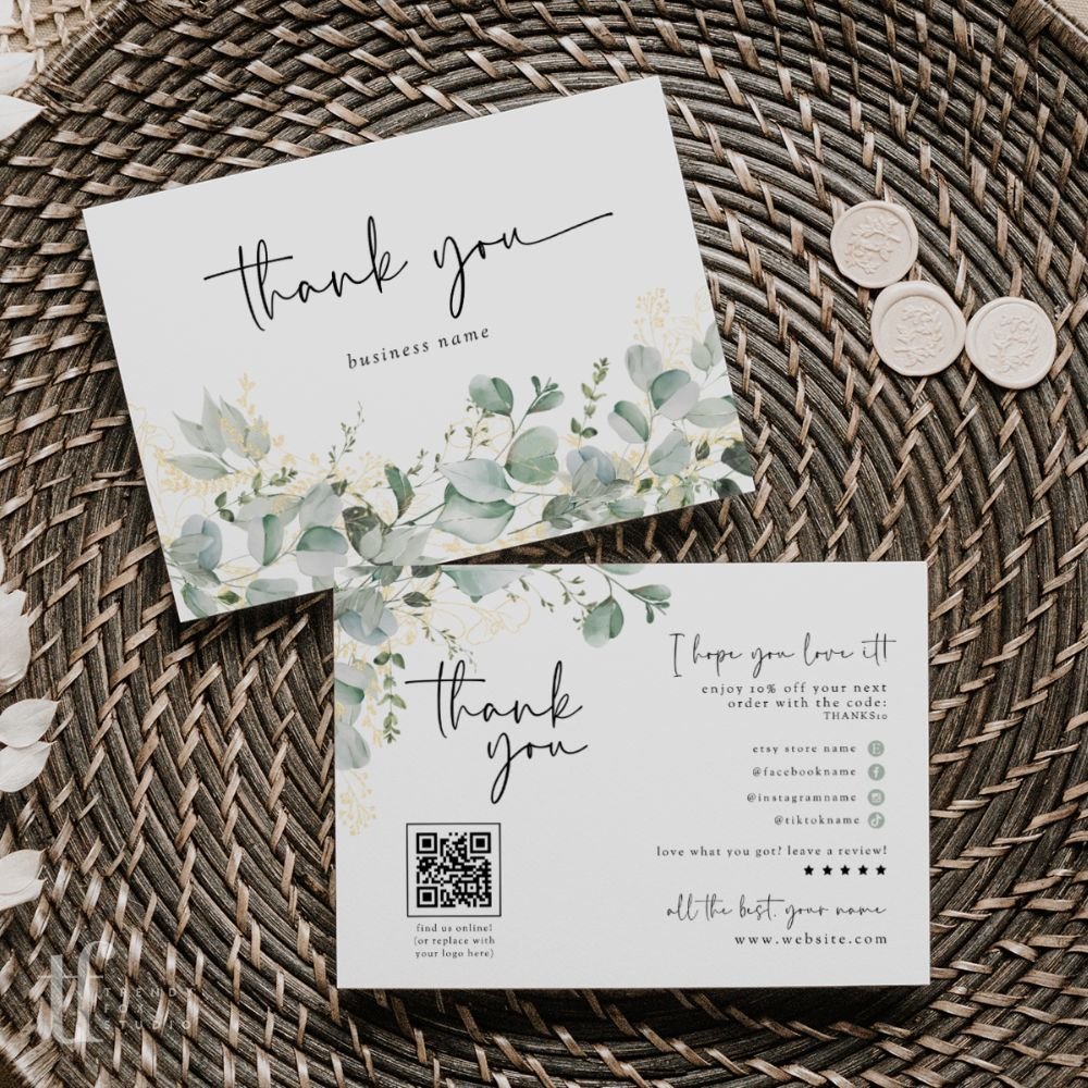 Greenery & Gold Business Thank You Card with QR Code Canva Template ...