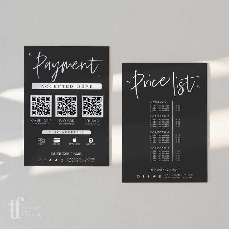 Luxe Black Scan to Pay Sign & Price List Sign Canva Template | Ashe ...