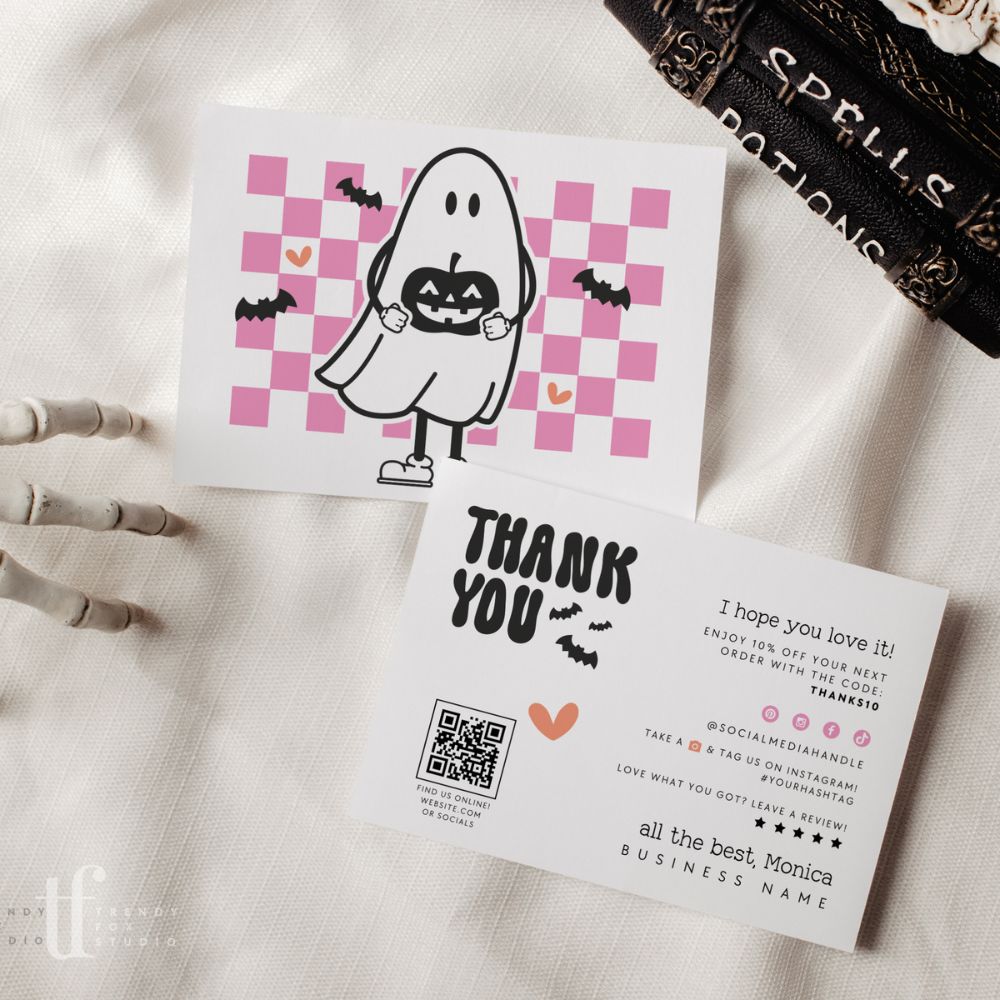 Retro Ghost Checkered Halloween Business Thank You Card Canva Template ...