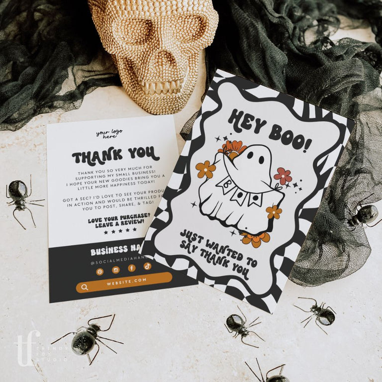 Retro Halloween Hey Boo Business Thank You Card Canva Template | Spooky ...