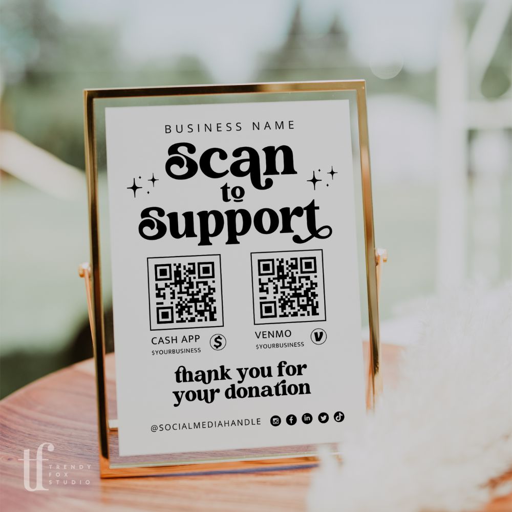 Retro Scan to Support Sign, 2 QR code Donation Sign Canva Template ...