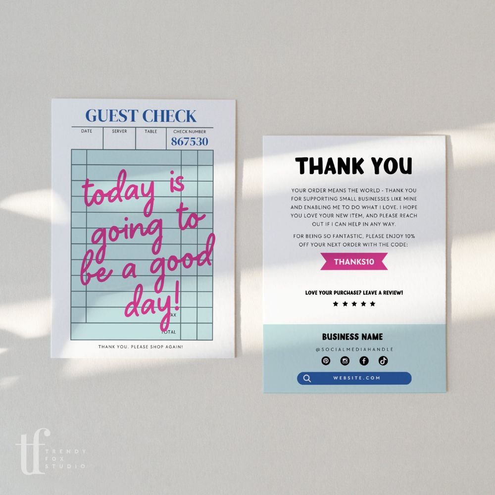 Trendy Blue Guest Check Business Thank You Card Canva Template – Trendy ...