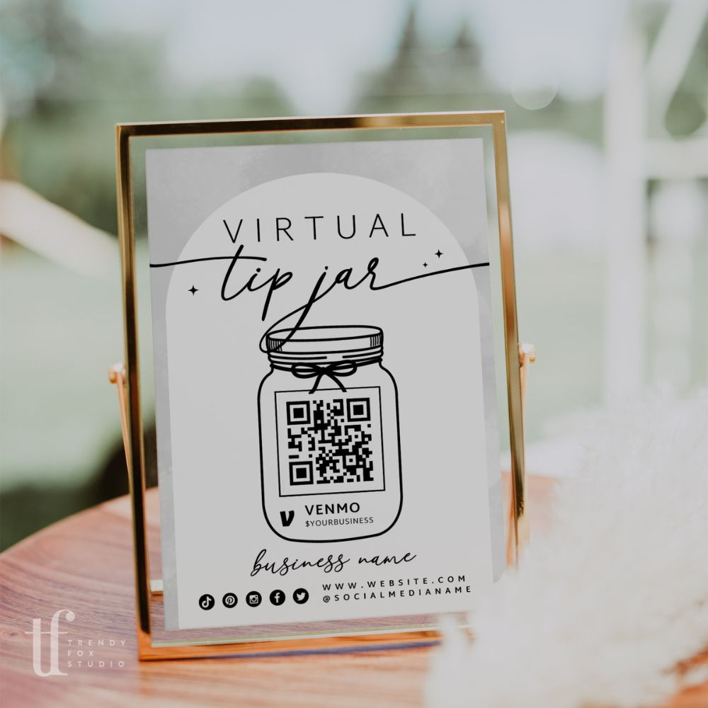 Elegant Virtual Tip Jar QR Code Sign Canva Template | Cinna - Trendy Fox Studio