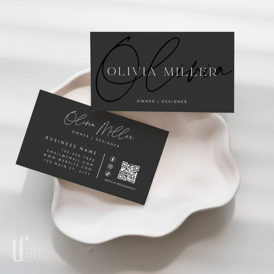 Modern Black Business Card with QR Code Canva Template | Ayla - Trendy ...