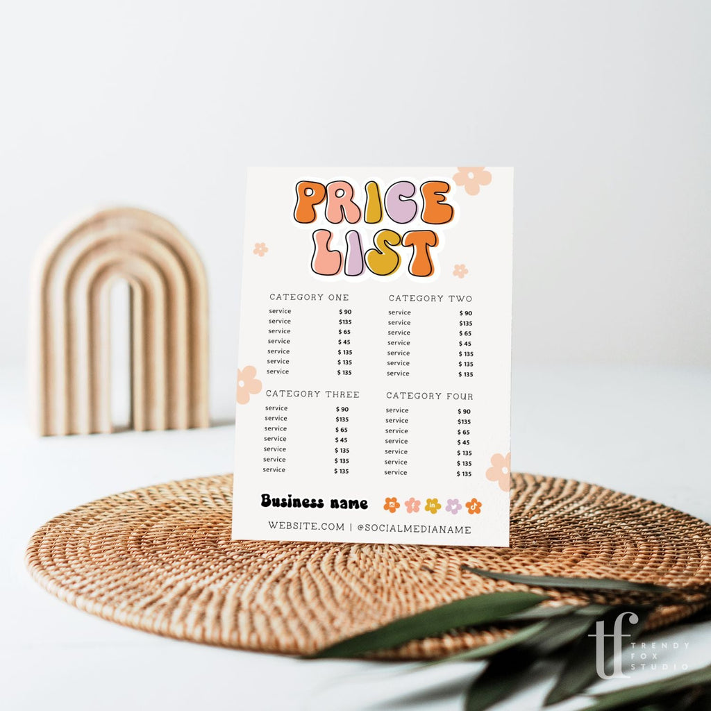 Rainbow Retro Price List Menu Canva Template | Birdie - Trendy Fox Studio