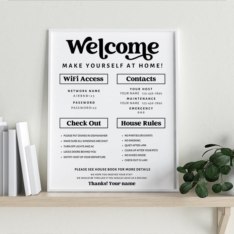 Retro Airbnb Sign Template, 1 Page Editable Welcome Poster, WiFi ...